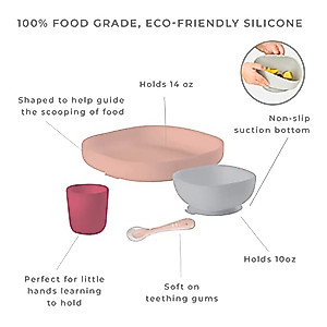 BEABA Silicone 4-Piece Dishware - 100% Silicone Baby Plate Set, Baby Bowls - Includes Baby Plate, Baby Bowl, Baby Cup, 2nd Stage Silicone Spoon, (Rose)