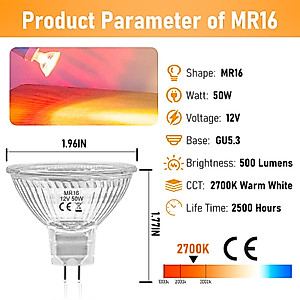 Jaenmsa MR16 Halogen Bulbs 50W,6 Pack 12V 50W MR16 Light Halogen Bulbs 2 Pin GU5.3 Base Dimmable with Clear Glass Cover,High Output 2700K Warm White MR16 Light Bulb for Landscape Lights, Track Lights
