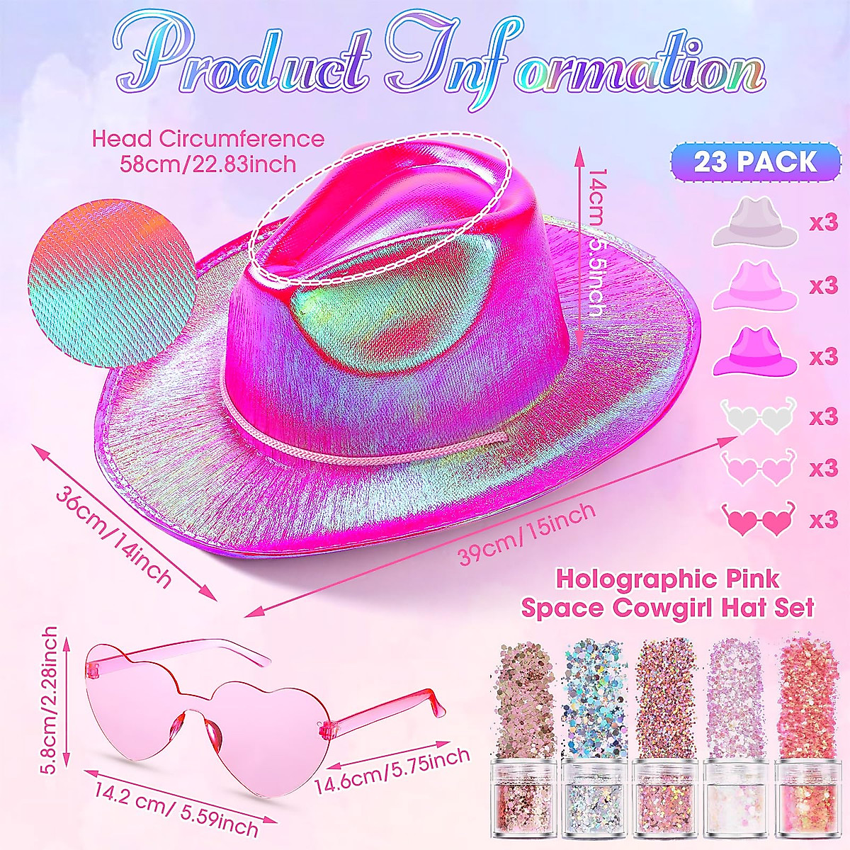 Coume 23 Pcs Cowboy Light up Hat Bulk Flashing Holographic Cowgirl Hats with Heart Sunglasses for Women Costume Accessories(Pink, White, Rose Red, Cute Style)