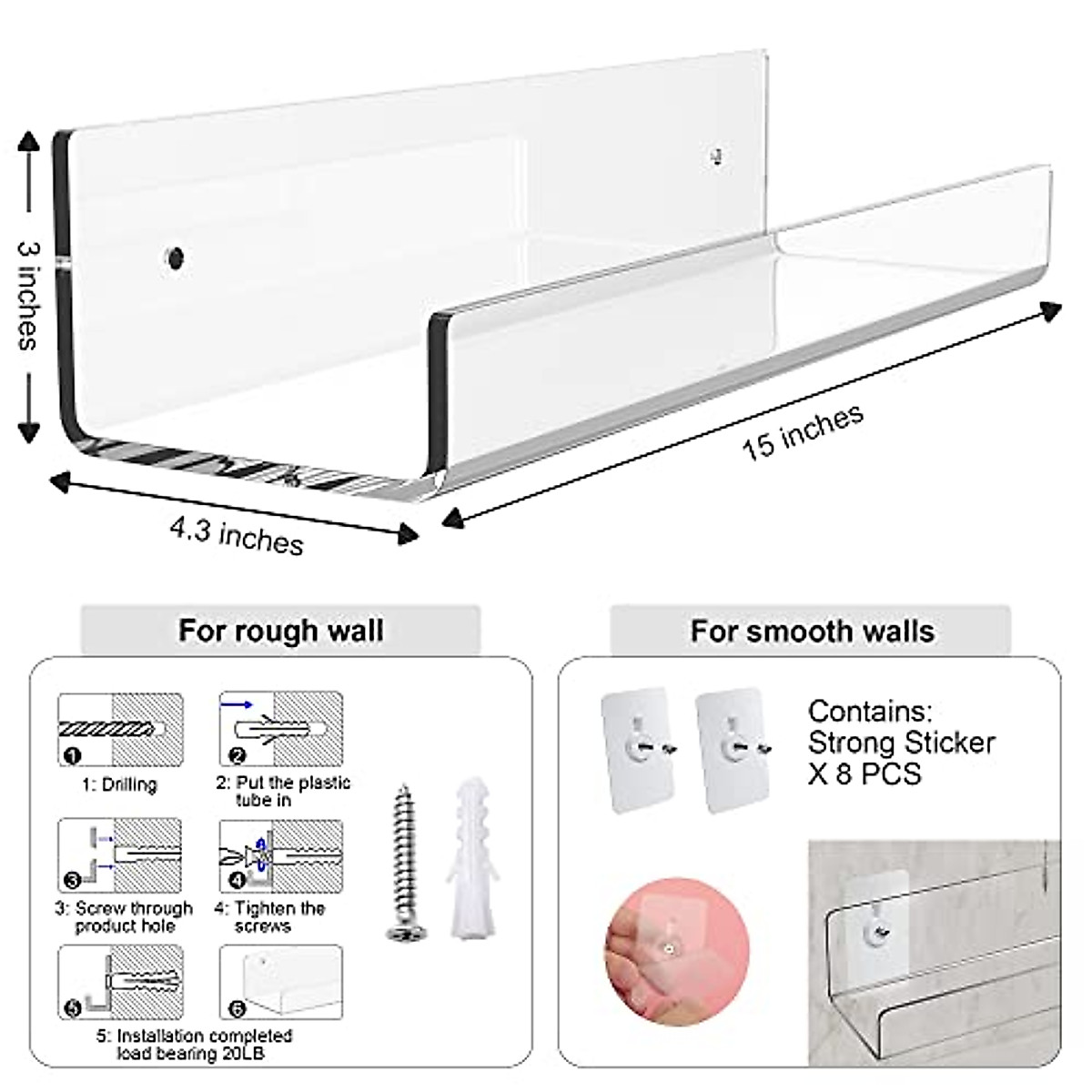 15 inch Clear Acrylic Floating Wall Ledge Shelf Display,6pcs Wall Mounted Nursery Kids Bookshelf Invisible Spice Rack, Bathroom Storage Shelves Display for Bedroom Office Toy Picture Ledge, 5MM Thick