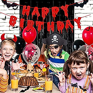Red Glittery Happy Birthday Halloween Banner Black Foil Curtains Backdrop 3D Bat Sticker and Latex Balloons Confetti Balloon for Birthday Party Decorations Scary Party Supplies
