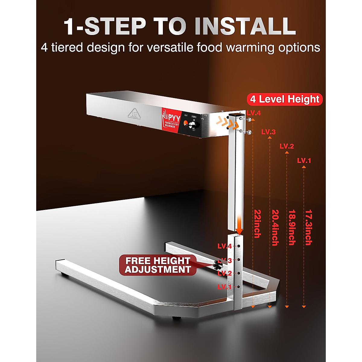 PYY Food Heat Lamp - Adjustable Height Food Warmer with U Shape Base Stand,Commercial Countertop Food Warming Light with Stand for French Fries Electric Heating Radiation,500W Stainless Steel Silver