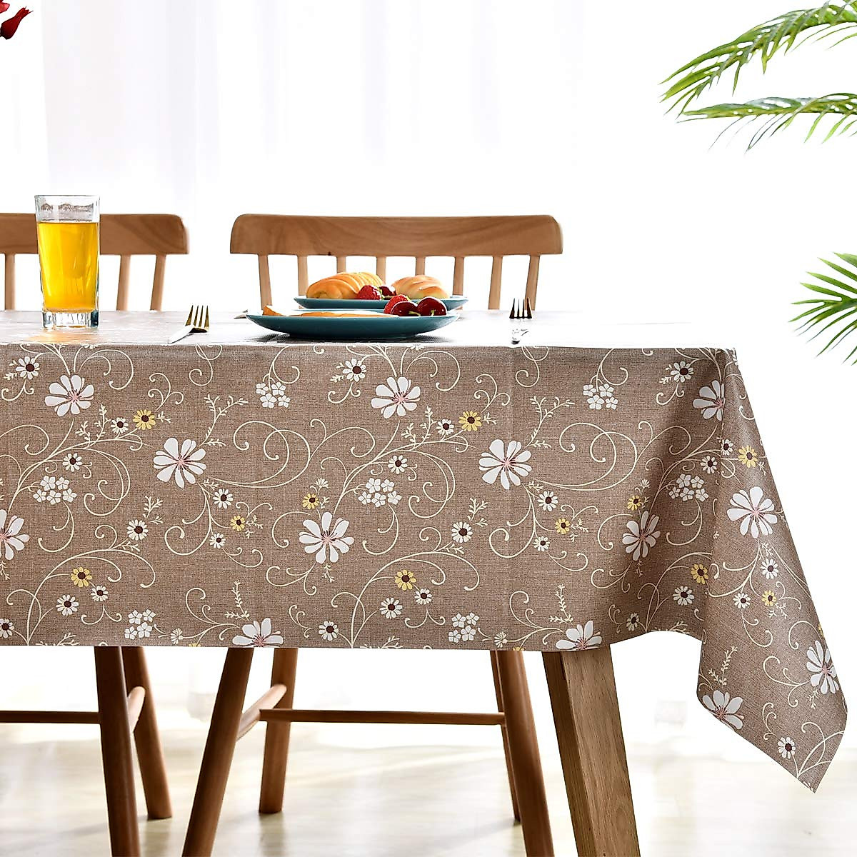 Fall Vinyl Waterproof Tablecloth, Rectangle Plastic PVC Oilcloth Tablecloths Wipeable Table Cloth Cover for 6 Foot Folding Tables, Kitchen, Dining Room Table, Crafting Tan Floral, 54 x 72 Inch