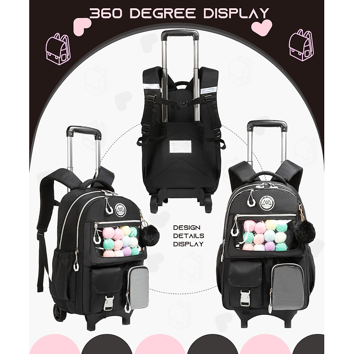 ZBAOGTW Rolling Backpack for Girls Kids Backpack with Wheels Backpacks for Elementary with Lunch Box Pencil Case Trolley (Black1)