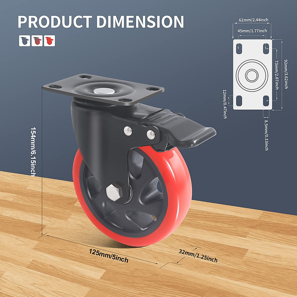 5 Inch Caster Wheels with Brake, Casters Set of 4 Heavy Duty 2000LBS, Safety Dual Locking Industrial Casters, Polyurethane Foam No Noise Wheels for Cart, Workbench(Two Hardware Kits Provided)