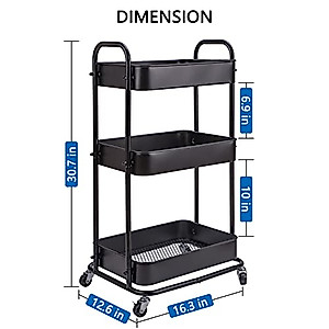 YOHKOH 3-Tier Metal Rolling Utility Cart, Storage Trolley Cart with Mesh Baskets and Lockable Wheels for Bathroom Kitchen Office (Dark Black)