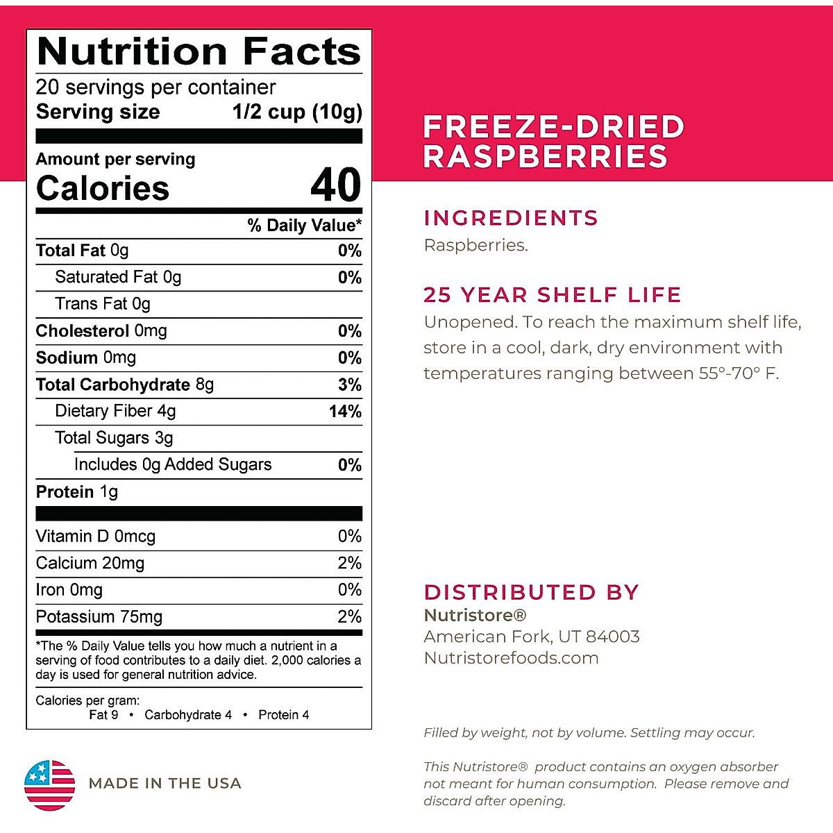 Nutristore Freeze Dried Raspberries | 100% Natural, Healthy Fruit Snacks Bulk | Premium Quality & Crispy Fresh Taste | Emergency Survival Food Supply | #10 Can | 20 Servings | 25 Year Shelf Life