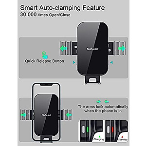 Nalwort Wireless Car Charger 15W Qi Fast Charge with Metal Frame Dashboard and Air Vent Phone Holder Auto Clamping Wireless Car Charger Mount Compatible for iPhone 14/13/12, Samsung S20/S10 and More
