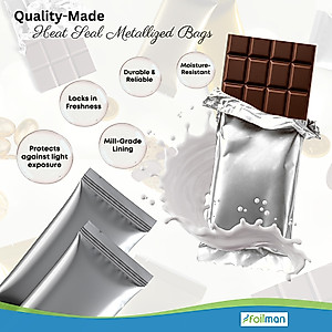 Foilman - Heat Seal Bags {Metallized} For Chocolate Bar Wrapping - Actual bags size 3 x 6 3/8 - Fits Bar Size 2.25 x 5.5 Inches (100 Pack) (Silver)