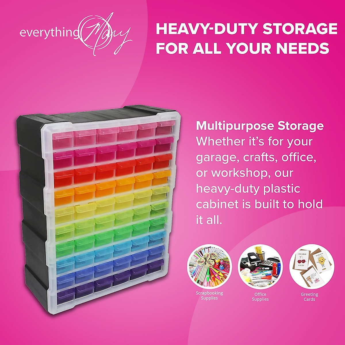 Everything Mary 60-Drawer Organizer - Heavy-Duty Plastic Storage Cabinet, Ideal for Garage, Crafts, Office, and Workshop - Durable Polypropylene, Easy Access Finger-Grip Handles, Multi-Purpose Storage