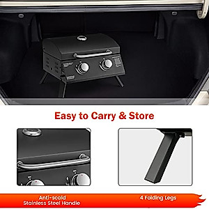 COSTWAY Portable Gas Grill, 20,000 BTU Tabletop Barbecue Grill with 2 Burners, Dual Temperature Control, Folding Legs, Built-in Thermometer, Propane Gas Grill for RV Backyard BBQ Camping Patio, Black
