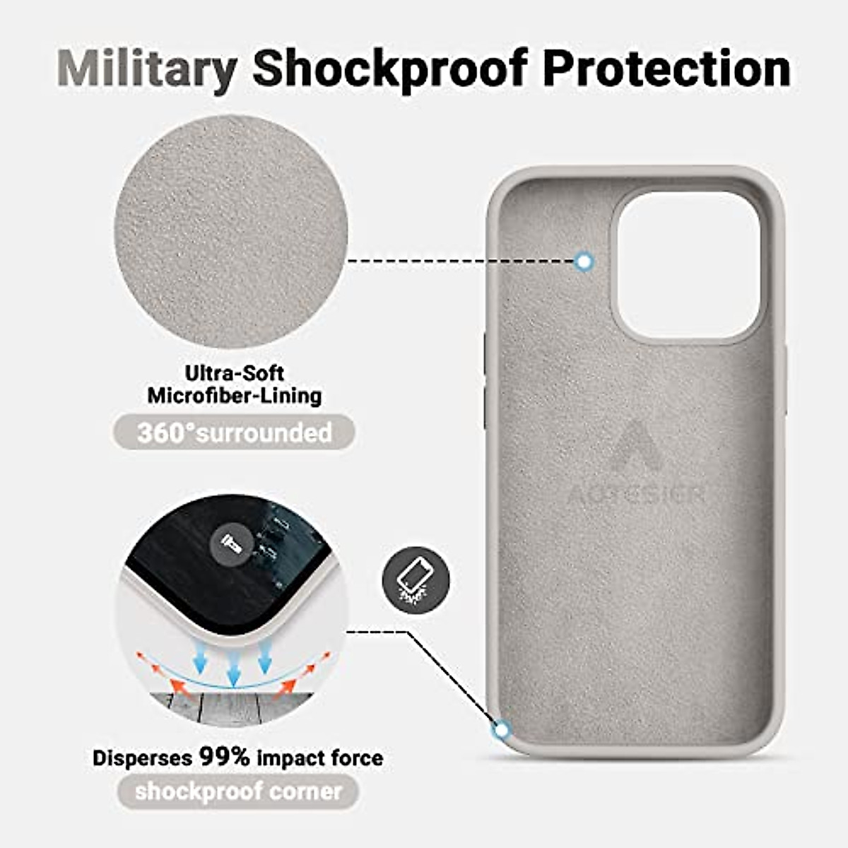 AOTESIER iPhone 13 Pro Phone Case,[Military Shockproof Protection] Liquid Silicone Case with [Soft Anti-Scratch Microfiber Lining] Camera & Screen Protection 6.1 inch Slim Thin Cover（Stone）