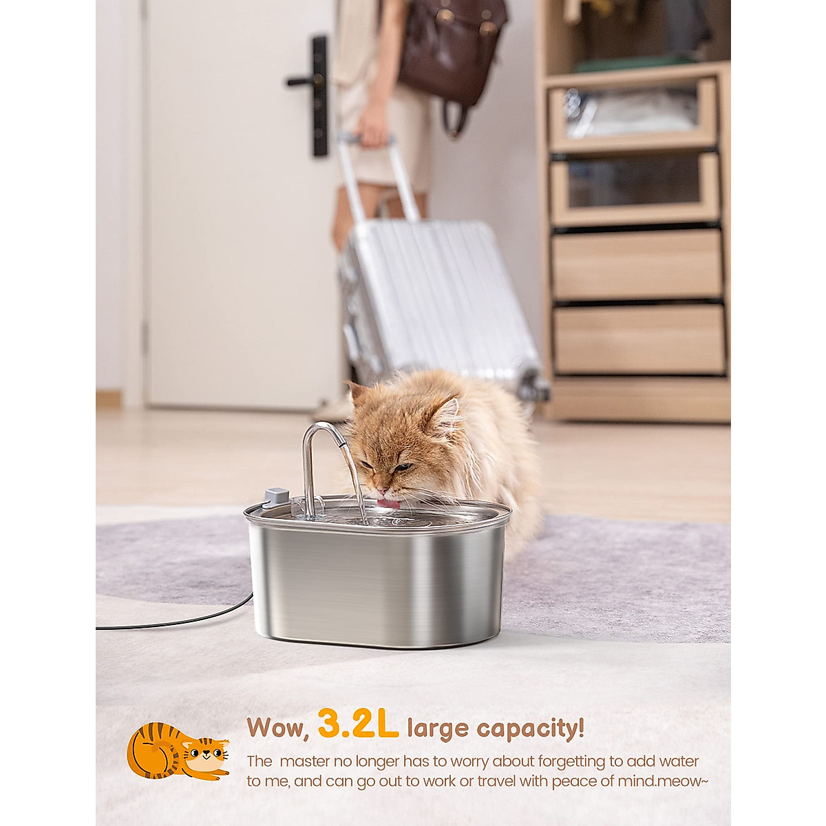 Stainless Steel Cat Water Fountain: 108oz/3,2L Pet Water Fountain with 8 Carbon Filter + 8 Sponge - Cat Fountains for Drinking Dishwasher Safe Design - SOOFPET