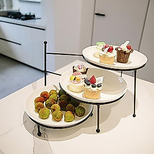 HPC Decor 3 Tiered Serving Stand w/White Porcelain Plates- Foldable Swivel Food Display Stand for Party Buffet-Dessert Display Server- 10in Tier Serving Trays with Black Metal Stand for Entertaining