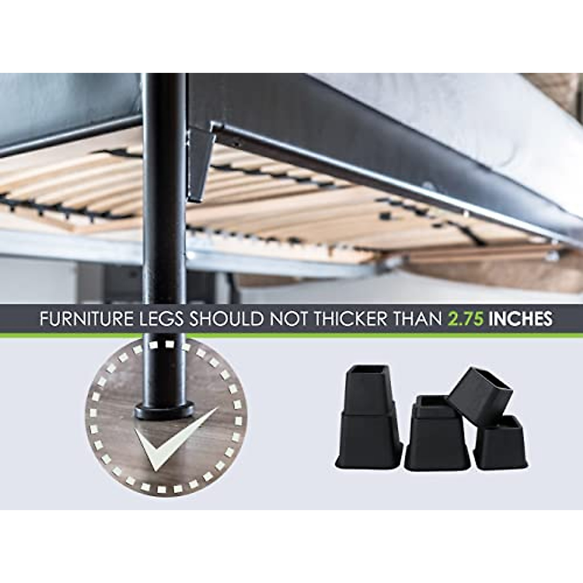 Oakias Bed Risers Black – Set of 4 – Adjustable Furniture Risers from 3, 5 up to 8 Inches – Heavy Duty (Supports up to 1300 lbs.)