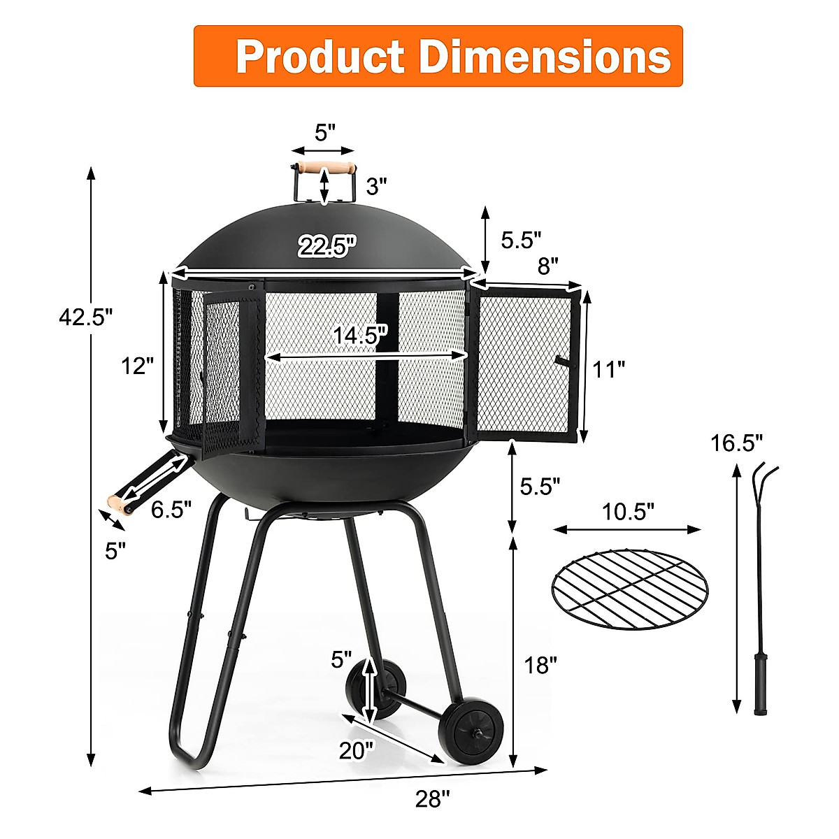 Giantex 28" Portable Fire Pit on Wheels, Outdoor Mobile Wood Burning Firepit w/Log Grate, Fire Poker, Heavy-Duty Steel Frame & Solid Metal Top, 2-Door Gate, Rolling Fire Pits for Entertaining Camping