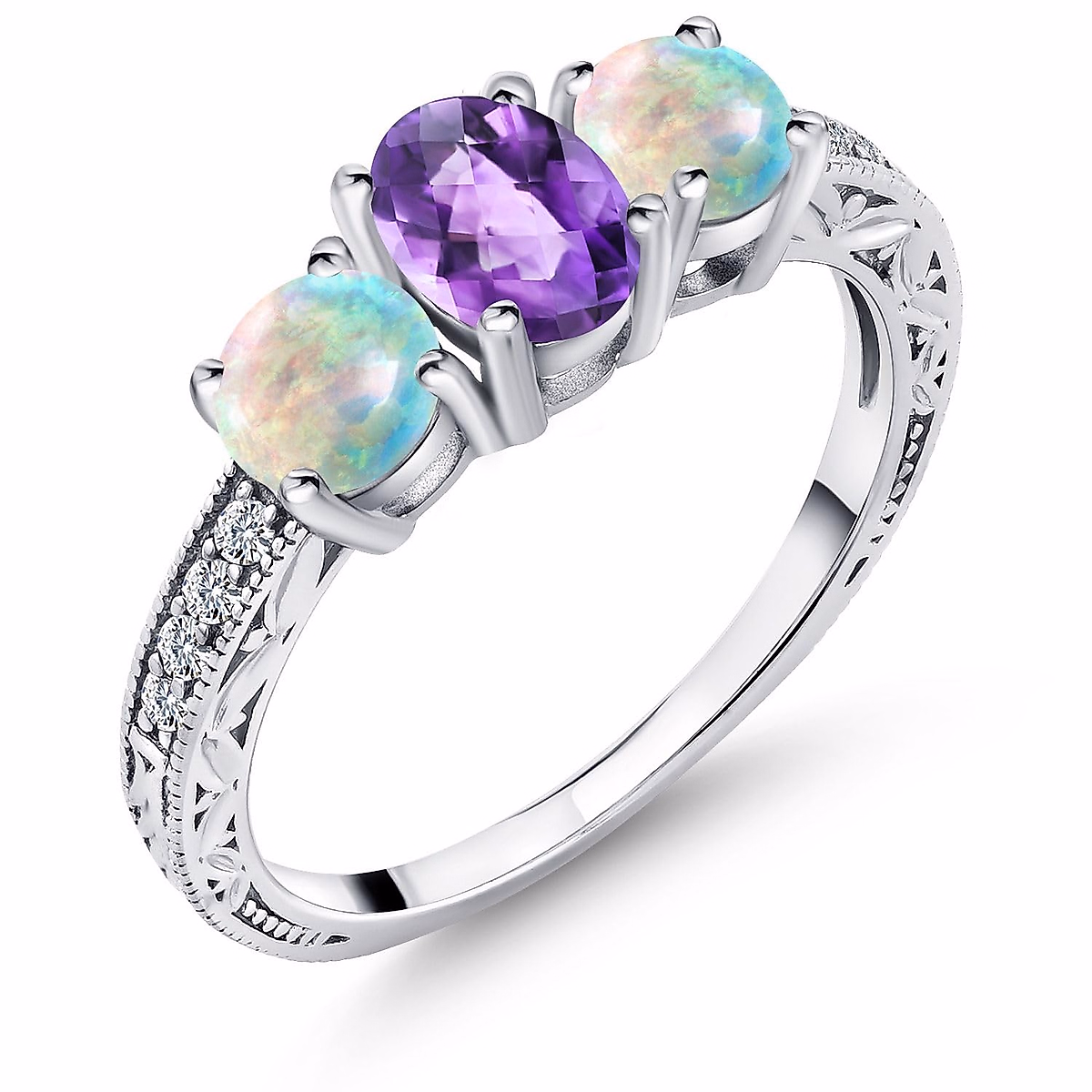 Gem Stone King 925 Sterling Silver Purple Amethyst and White Simulated Opal Engagement Ring For Women (1.87 Cttw, Oval Checkerboard Gemstone Birthstone, Available in size 5, 6, 7, 8, 9)