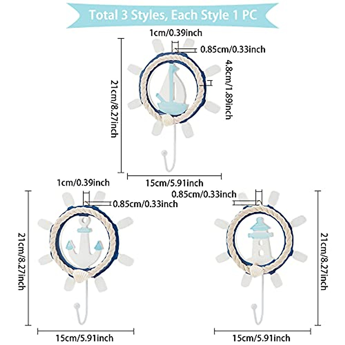 SUPERFINDINGS 3Pcs Mediterranean Style Iron Wall Hooks 3 Styles 8.3x5.9In Nautical Coat Hat Clothes Towel Wall Hooks Hanger Art Beach Coastal Decoration for Home Room Kitchen