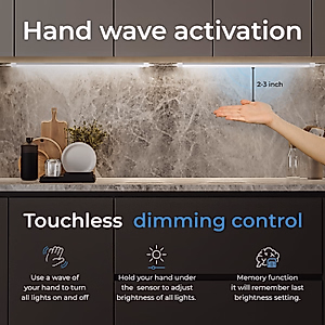 EShine Hand Wave Activated Under Cabinet LED Lighting Kit, Dimmable, 3-Pack 7 in - Touchless Dimming Control, White Under Counter Lights for Kitchen, Garage, Office, Hutch - Warm White (3000K)