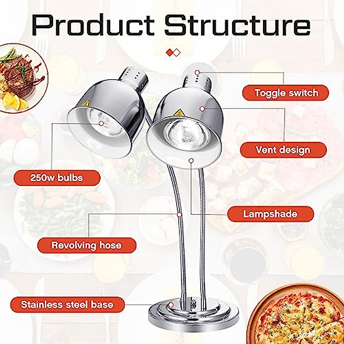 VIHOSE Food Heat Lamp Food Heat Preservation Lamp Commercial Food Warmer Light Portable Catering Heat Lamp for Restaurant Kitchen Food Heating Home Use Service Buffet, Dual Head, 250W Bulb, Silver