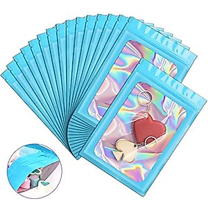 100 Pack Holographic Bags,Smell Proof Packaging Bags, Clear Window Resealable Odor Foil Pouch Mylar Bags for Food Storage and Lipgloss, Jewelry Lash (Blue, 2.4 x 3.9 Inch)