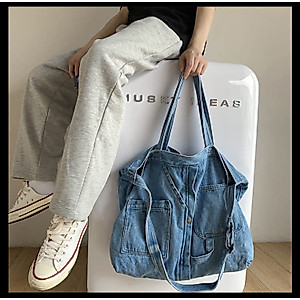 Denim Tote Bag Casual Style Lightweight Classic Retro Travel Shopper Shoulder Handbag Crossbody Handbag (Dark Blue)