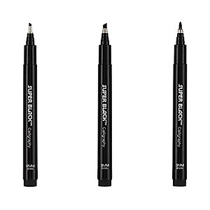 Creative Mark Calligraphy & Fineliner Pen Set Lettering Drawing Super Black, Permanent, Waterproof, & Acid-Free Chisel Nylon-Nibs Pens & Medium Brush Tip - [Lettering & Calligraphy Set of 3]