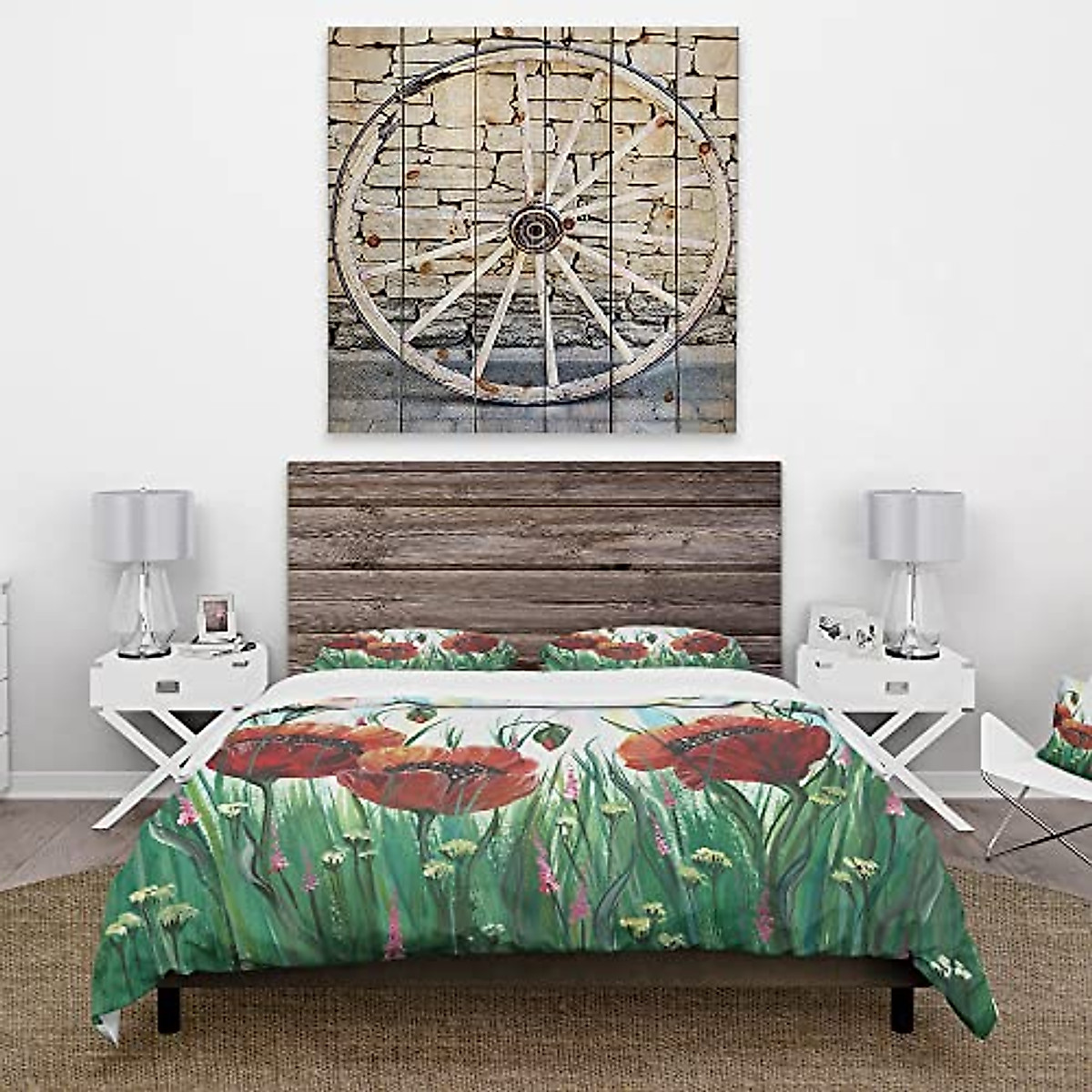 DESIGN ART Designart 'Red Bright Poppy Flowers On A Green Meadow' Traditional Duvet Cover Comforter Set Full/Queen Cover + Comforter + 2 Shams 4 Piece