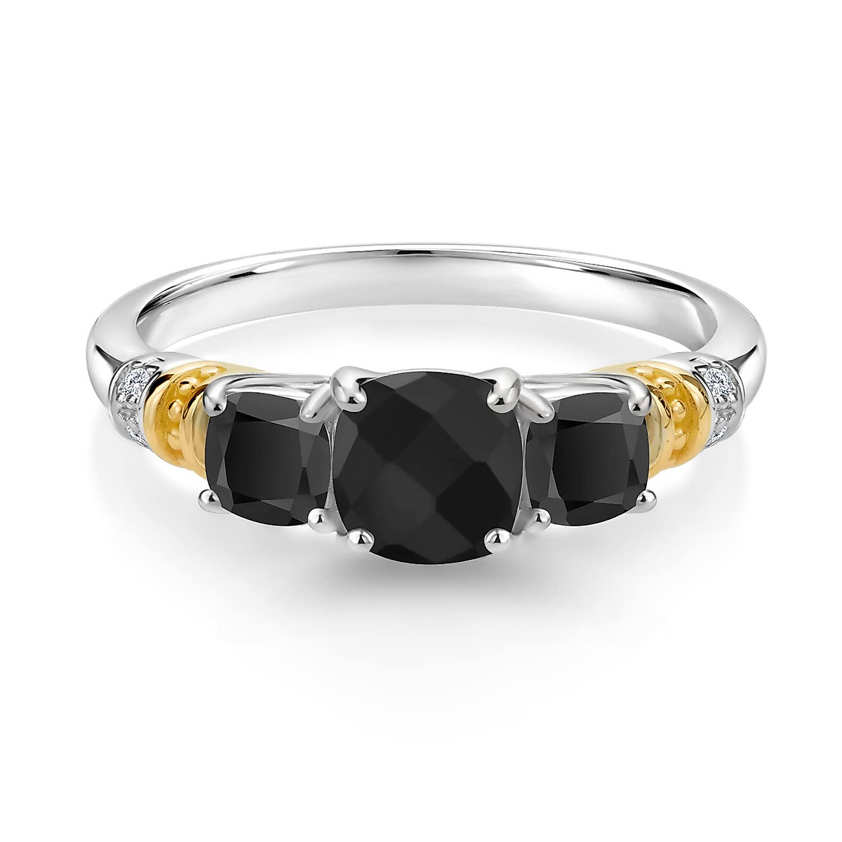 Gem Stone King 925 Silver and 10K Yellow Gold Black Onyx and Diamond 3-Stone Ring For Women (1.51 Cttw, Gemstone December Birthstone, Cushion Checkerboard 6MM and 4MM, Size 8)