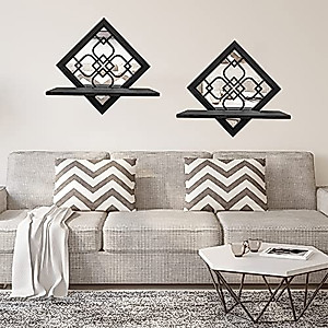 sxnzequnze 16 Inch Rustic Floating Shelves Set of 2 Wood Mirrored Shelves Wall Mounted Farmhouse Home Decor Hanging Wall Art for Living Rroom Bathroom Bedroom-Black Set