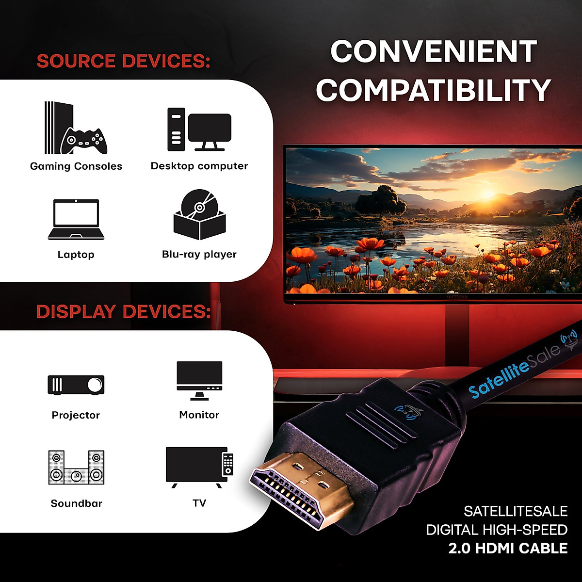 SatelliteSale Digital High-Speed 2.0 HDMI Cable 4K/60Hz 18Gbps PVC 2160p Black Cord Universal Wire 12 feet