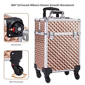 Yaheetech Rolling Makeup Train Case Professional Aluminum Cosmetic Case Large Storage Makeup Trolley with 4 Detachable Removable Wheels, 4 Trays and 1 Cubby with Sliding Rail - Holographic Gold
