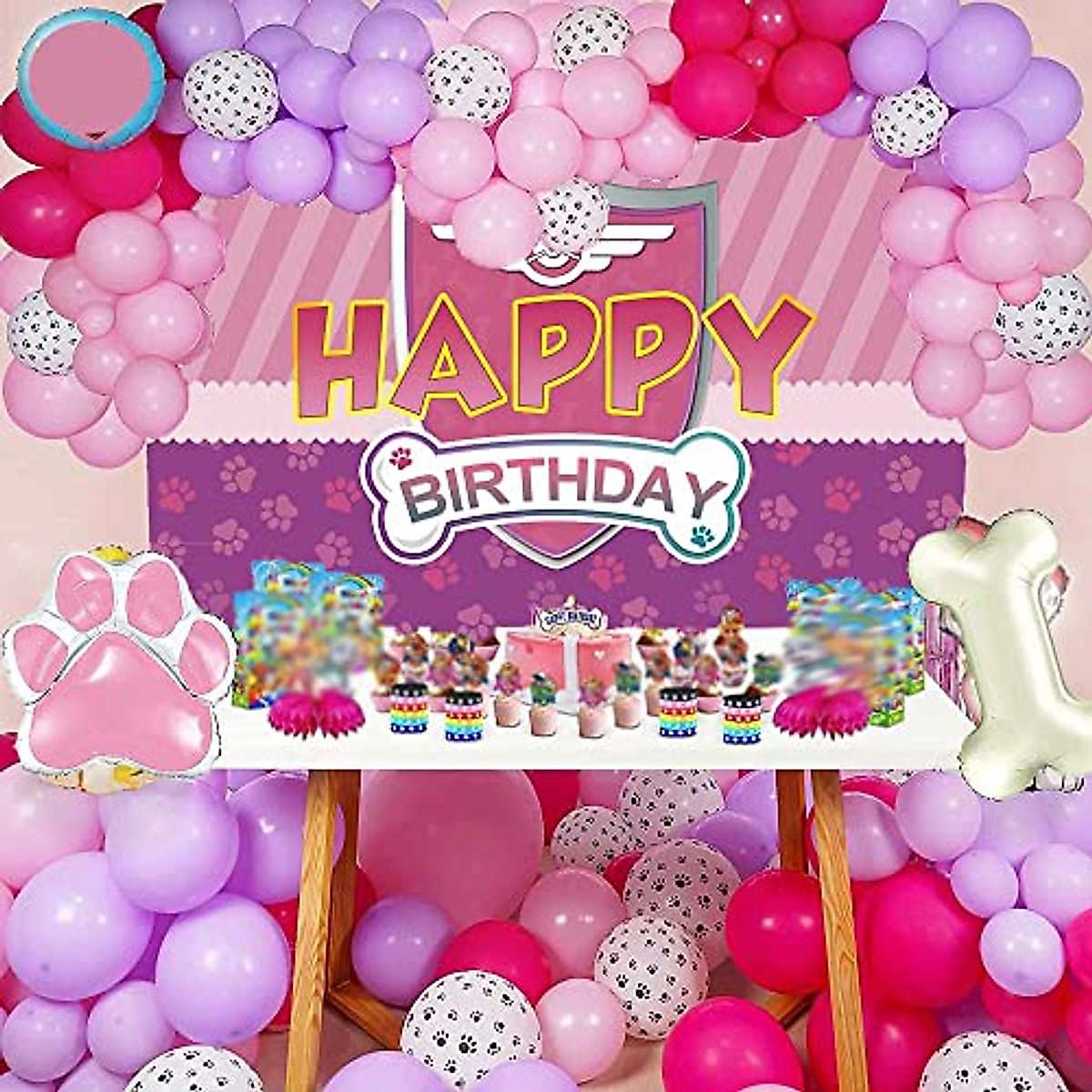 7x5ft Pink Skye Dog Patrol Birthday Backdrop Paw Print Happy Birthday Banner Decorations Background for Girls Puppy Dog Birthday Party Supplies
