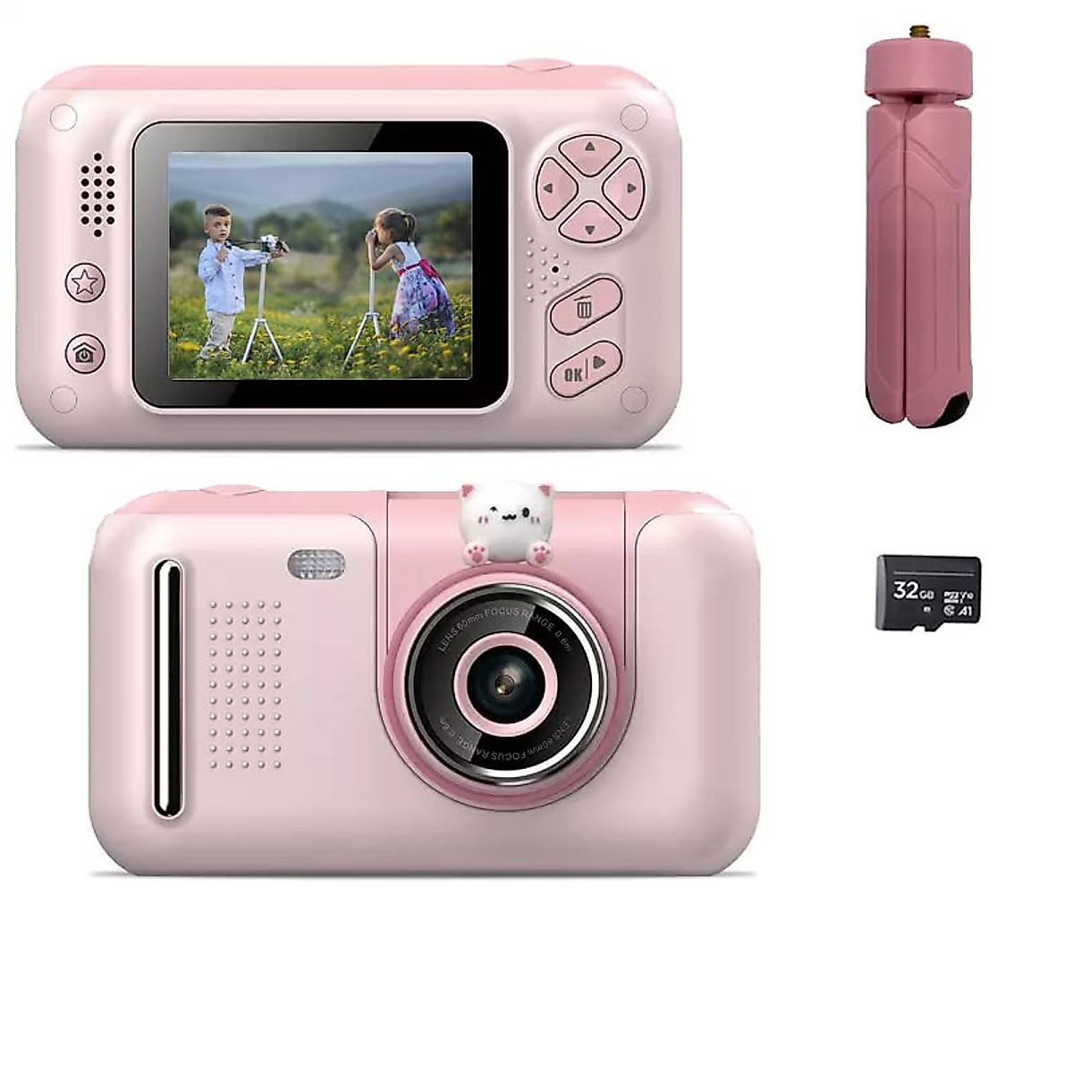 Acuvar Full 1080P Kids Selfie Flip Lens HD Compact Digital Photo & Video Rechargeable Camera with 2" LCD Screen, Matching Handheld Tripod, 32GB Card and Micro USB Charging (Pink)