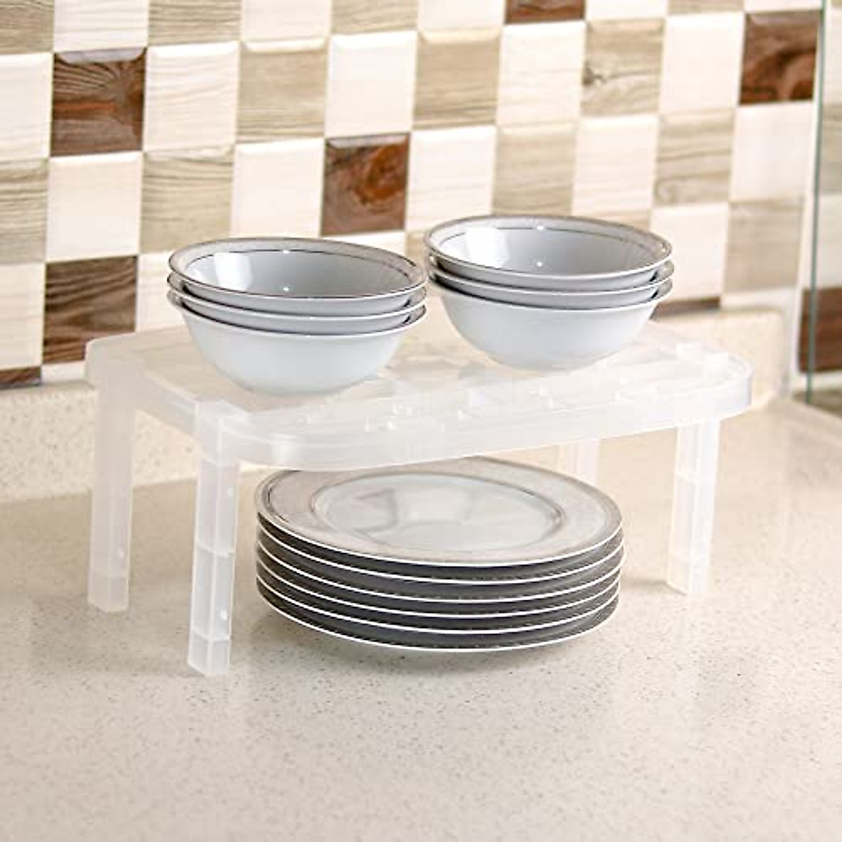 DecoBella Stackable Shelves for Cabinets and Countertop, Storage Organizer 2 Layer Shelves for Undersink, Pantry, Kitchen, Bathroom, Laundry Room, DIY Rack for Spices, Plates, Supplies (Clear)