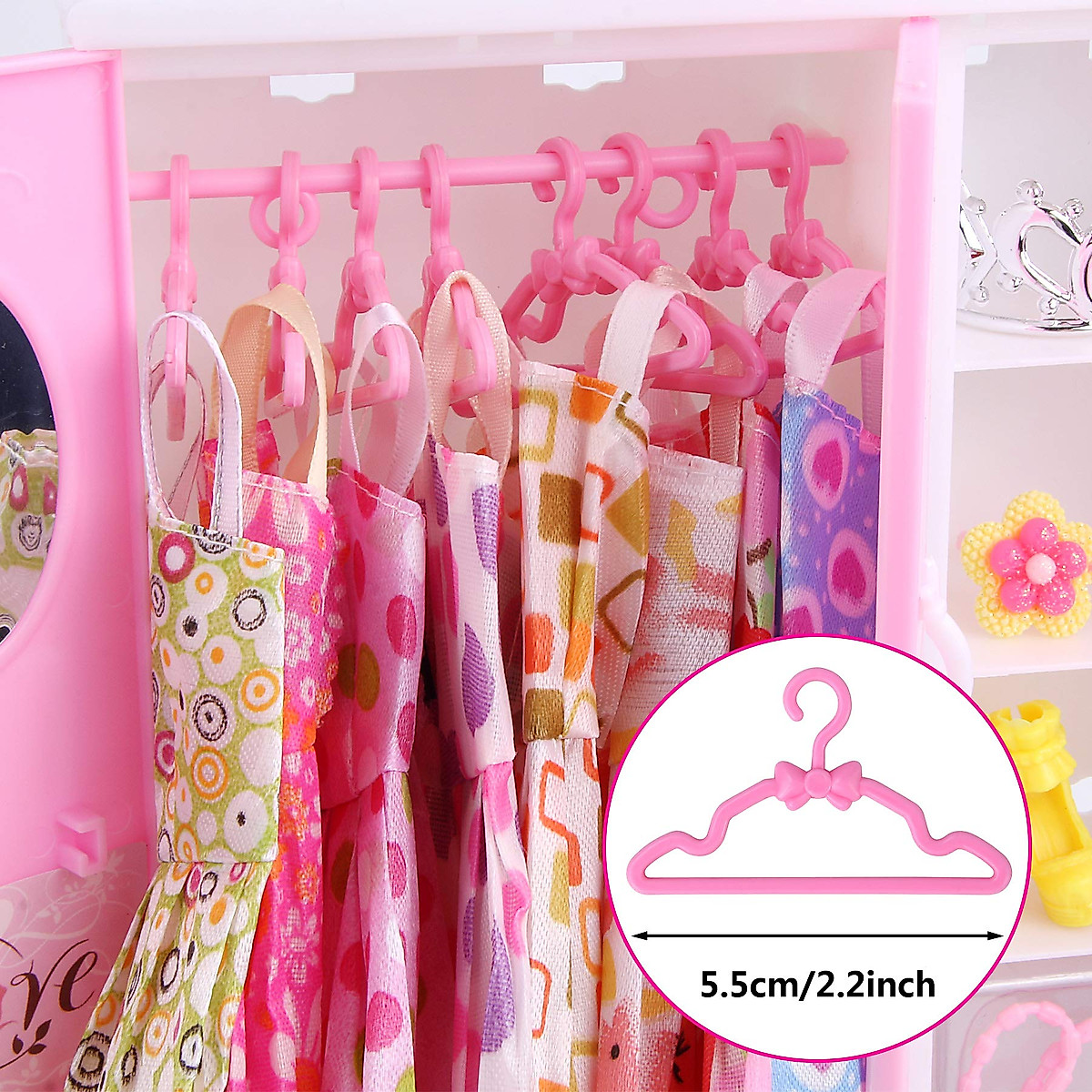JANYUN 50 Packs Small Doll Cloth Hangers for 11.5 inch Girl Dolls for Plastic Hanging Dress Closet Accessories, Mixed Packaging