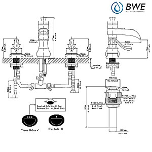 BWE Waterfall Widespread Bathroom Faucet 3 Hole Oil Rubbed Bronze Farmhouse 8 Inch Pop Up Drain Stopper Assembly Overflow Supply Line Lead-Free Faucets Parts Two Handle Bath Vanity Lavatory Sink