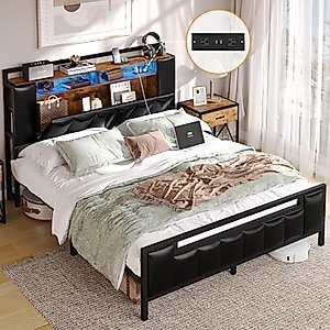 FORABAMB Full Size Bed Frame, Storage Headboard with Charging Station and LED Lights, Upholstered Platform Bed Frame with Book Case, Noise Free, No Box Spring Needed, Easy Assembly