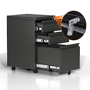 GangMei Mobile File Cabinet Under Desk, 3 Drawers Steel Lateral Filing Cabinet with Lock and Wheels, Fully Assembled(Black)