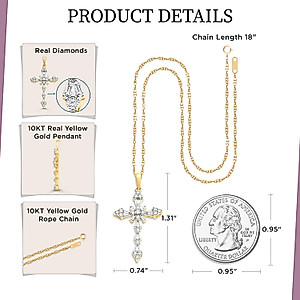 Jewelili Cross Pendant Necklace in 10K Yellow Gold with 1/2 Cttw Natural White round and baguette Diamonds 18" Rope Chain
