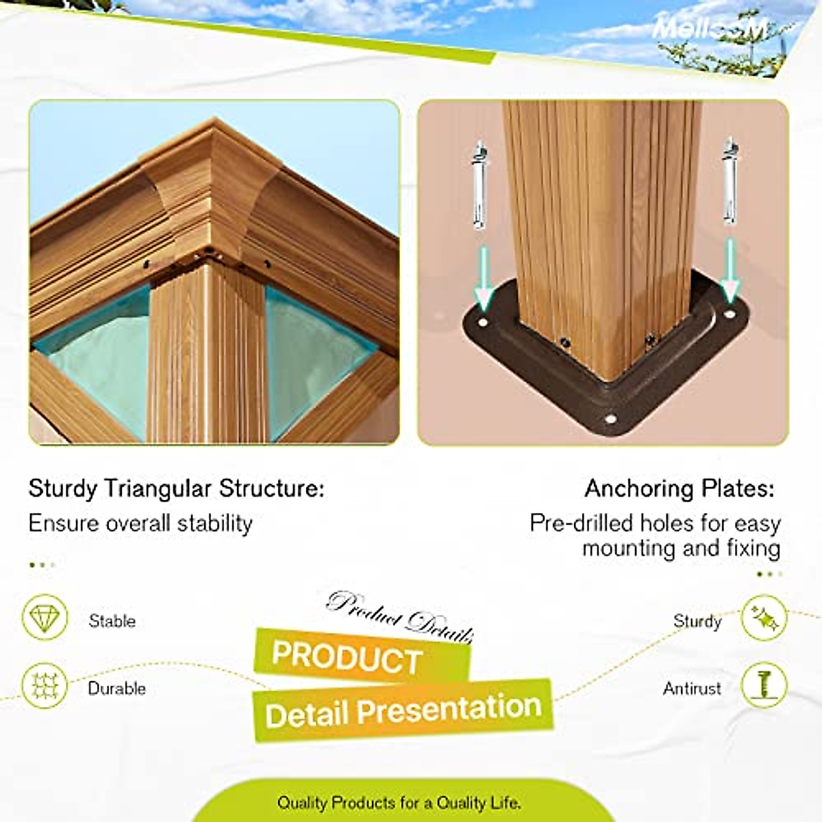 MELLCOM 14' x 20' Hardtop Gazebo, Wooden Finish Coated Aluminum Frame Gazebo with Galvanized Steel Double Roof, Brown Metal Gazebo with Curtains and Nettings for Patios, Gardens, Lawns