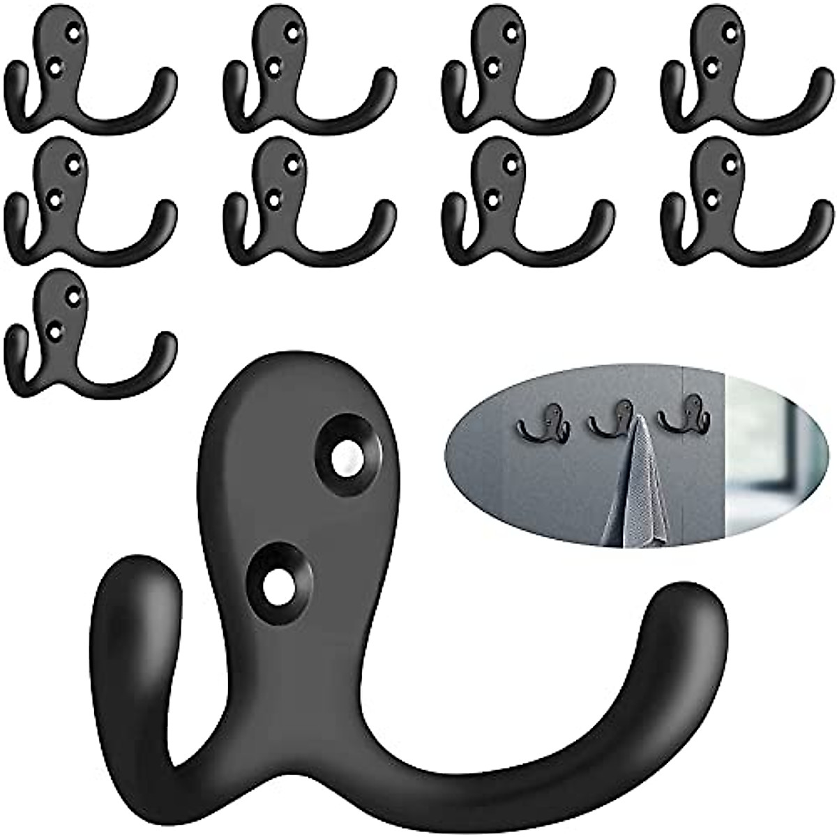 Suprwolf 8 Pack Heavy Duty Double Prong Coat Hooks Wall Mounted with 16 Screws Retro Double Robe Hooks Utility Hooks for Coat, Scarf, Bag, Towel, Key, Cap, Cup, Hat (Black)