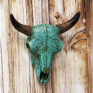 Ebros 10" Wide Western Southwest Steer Bison Buffalo Bull Cow Horned Skull Head Turquoise Floral Lace Design Wall Mount Decor Native Indian Sacred Animal Totem Bust Skulls