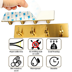 Picowe Key Holder for Wall Decorative, Adhesive Stainless Steel Key Hooks, Key Hanger Key Organizer for Wall, Towel Hook Coat Hanger for Entryway Hallway Kitchen(Four Rows,Golden 1PCS)