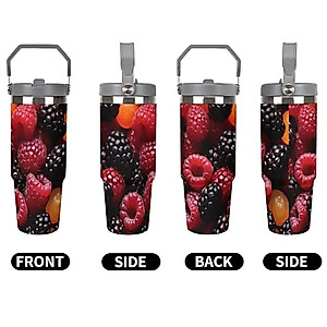 Black And Red Fruits Tumbler 30oz Large Capacity Car Cup with Handle Fit in Any Car Cup Holder Stainless Steel Leakproof Insulated Coffee Tumblers with Lid And Straw