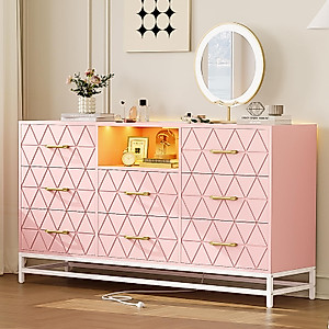 GarveeHome Pink Dresser for Bedroom with 8 Deep Drawer, 59" TV Dresser Wooden Large Long Dresser with Power Outlet and LED Lights, Modern Chest of Drawers Storage Organizer for Living Room, Hallway