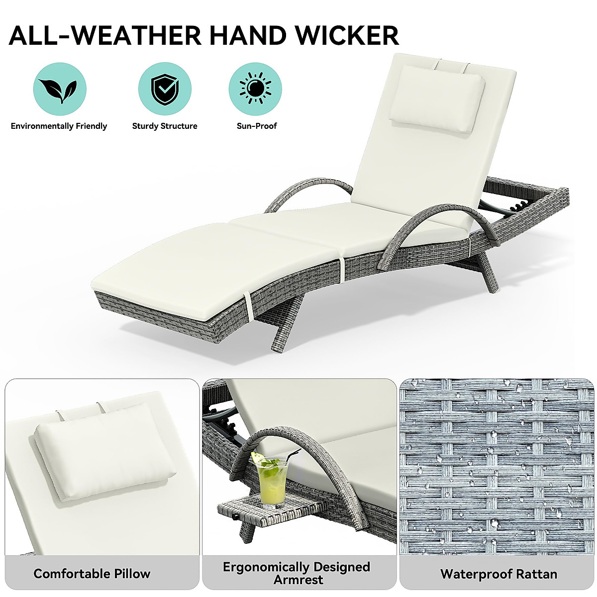 YITAHOME Patio Chaise Lounge Chair Set of 2, Wicker Chaise Lounge Outdoor Rattan Reclining Chair with Armrests/Pull-Out Cup Holder/5-Position Backrest/Cushion & Headrest-Beige