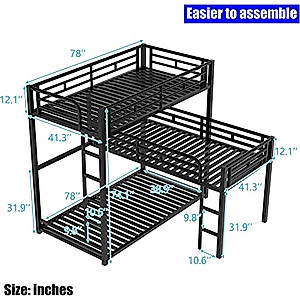 SNIFIT Latest Upgraded & Stronger Steel Metal L Shape Triple Bunk Bed Twin Over Twin Over Twin, Thicken Reinforced Twin Triple Bunk Bed Frame L Shaped for 3 with Safer Ladder, Black (Easier Assembly)