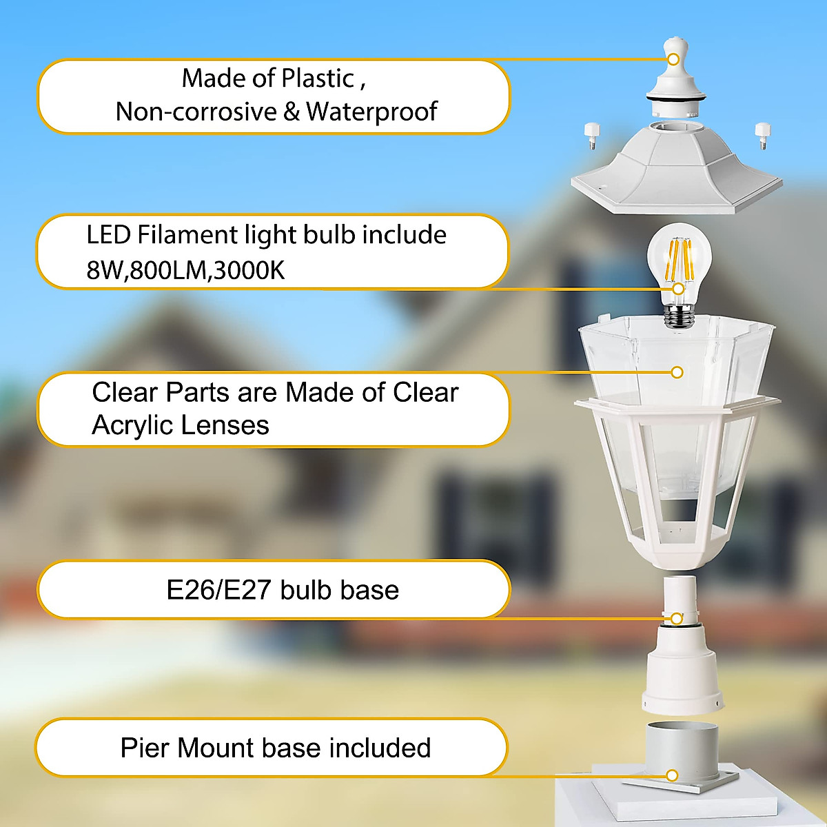 FUDESY Outdoor Post Light, Outdoor White Lamp Post Light Fixture with Pier Mount Base, Waterproof Pole Light Fixture with E26 Socket, Exterior Lamp Post Lantern for Garden Yard Patio Pathway