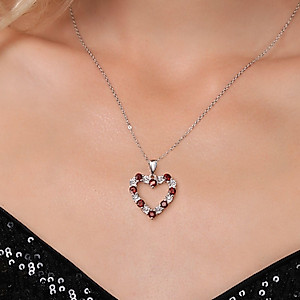 Gem Stone King 925 Sterling Silver Red Garnet and White Diamond Heart Shape Pendant Necklace For Women | 1.20 Cttw | Gemstone Birthstone | with 18 Inch Silver Chain
